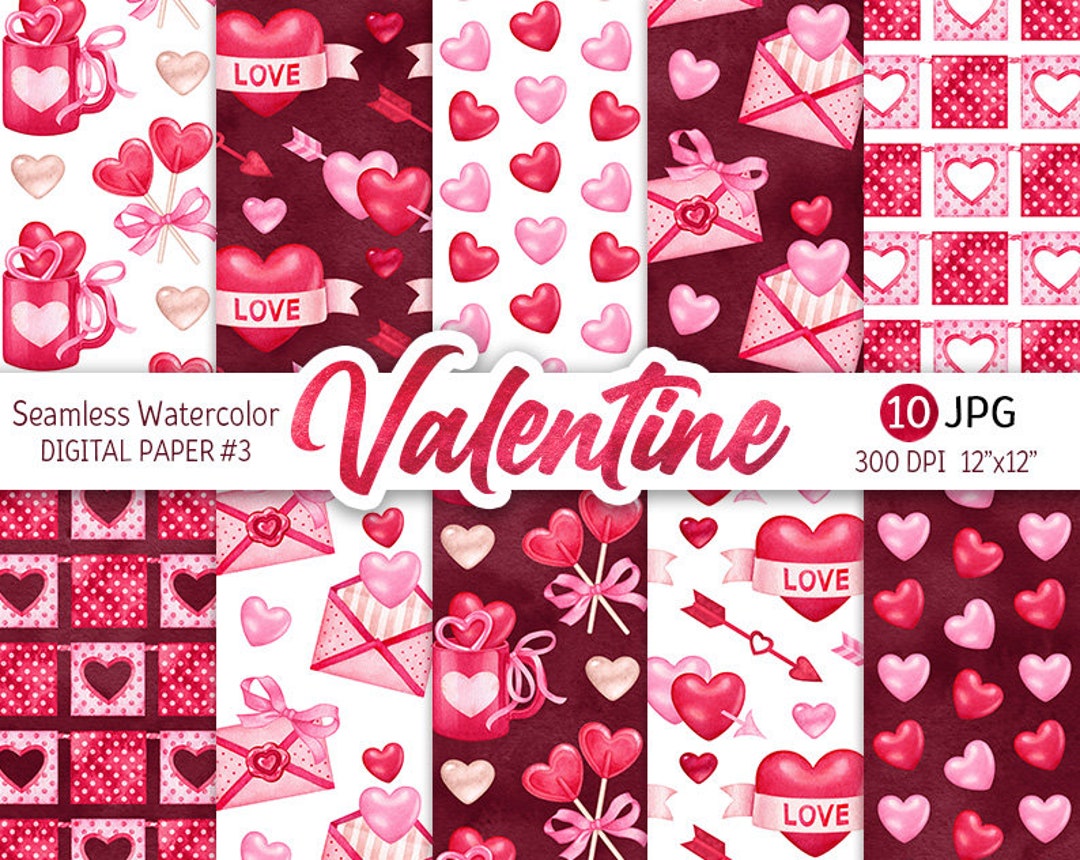 Valentine Day Digital Paper Pack Watercolor Love Seamless Pattern Red ...