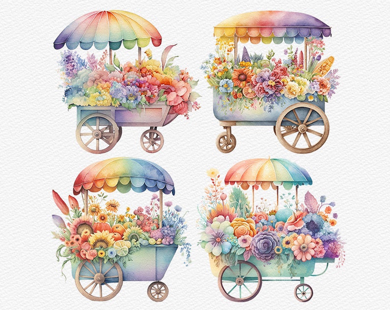 Watercolor Flower Market Cart Clipart Spring Flower Truck PNG ...