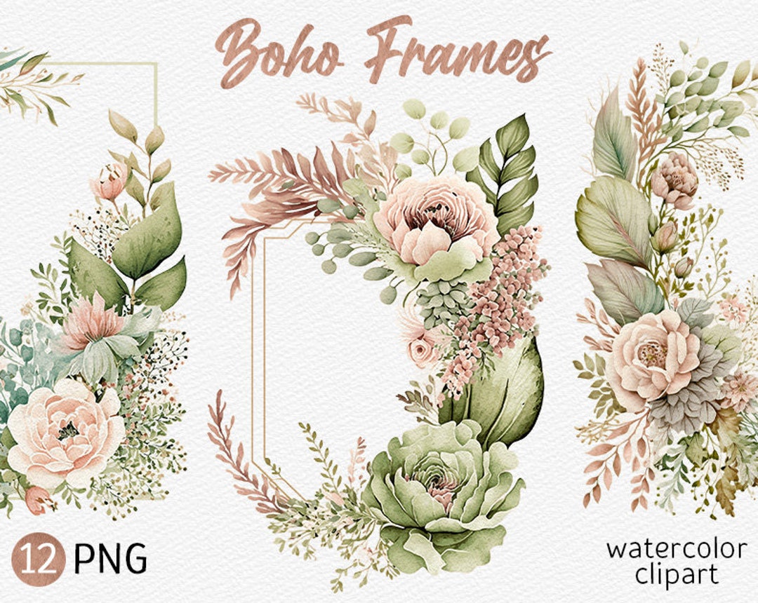 Watercolor Boho Floral Frame Clipart Flower Wreath Boho Wedding PNG ...