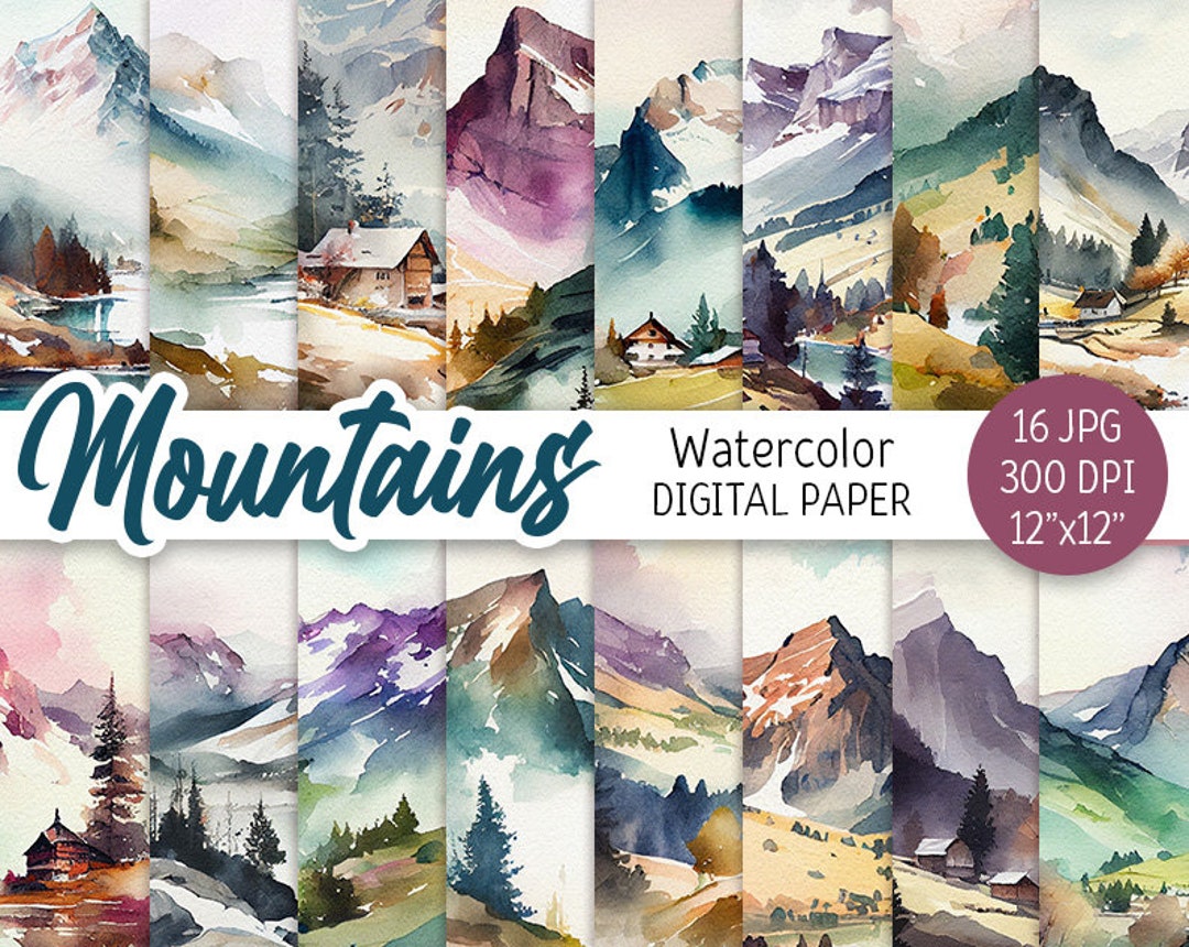 Watercolor Mountains Digital Paper Pack Landscape Printable ...
