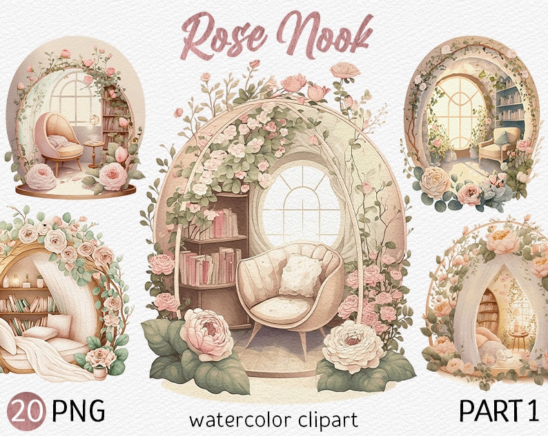 Watercolor Rose Reading Nook Clipart Bundle Reading Corner PNG Flower ...