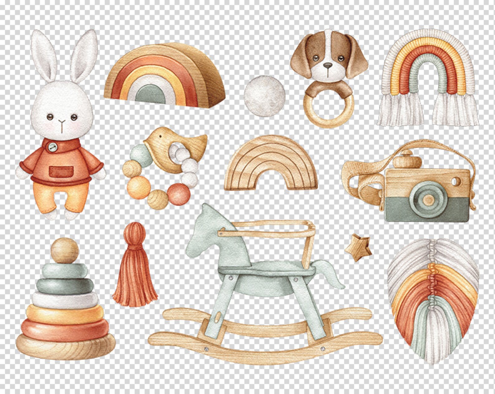 Watercolor Baby Toys Clipart Boho Baby Shower PNG Newborn Clipart ...