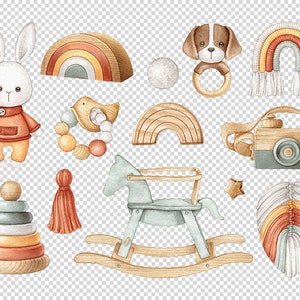 Watercolor Baby Toys Clipart Boho Baby Shower PNG Newborn Clipart ...