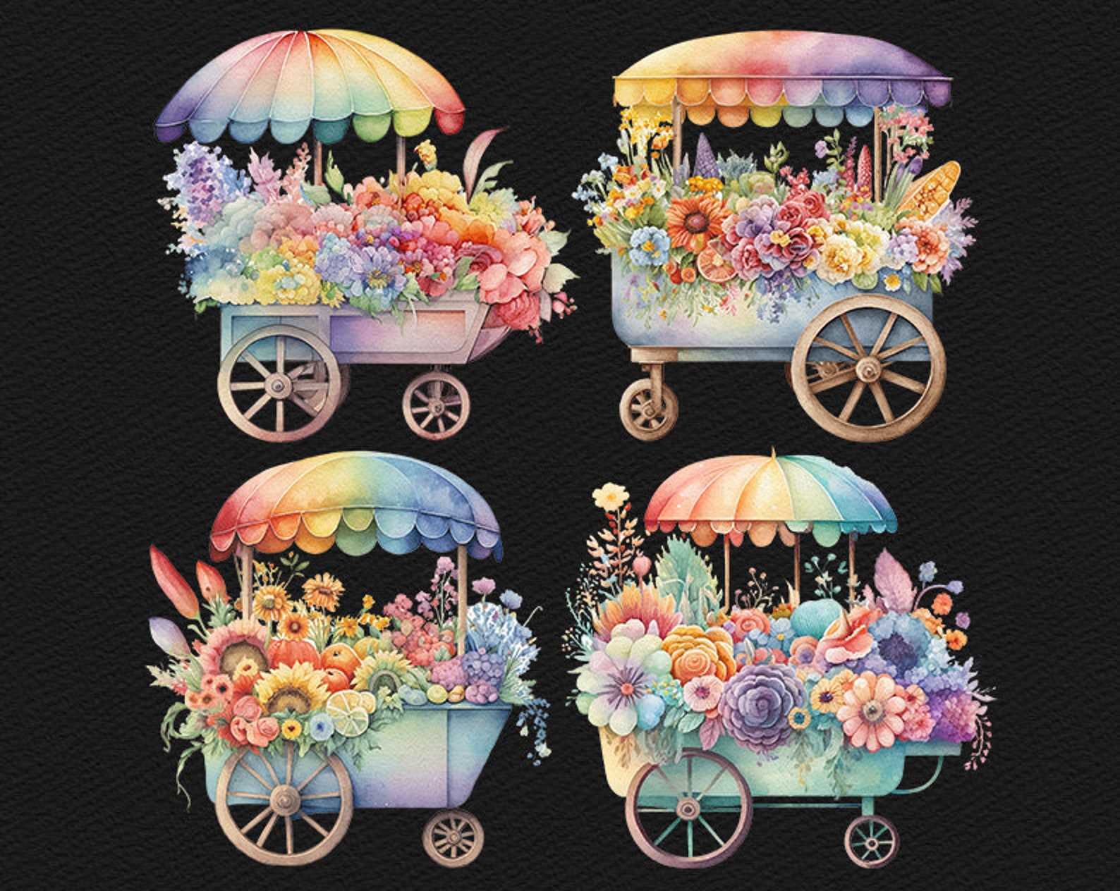 Watercolor Flower Market Cart Clipart Spring Flower Truck PNG ...