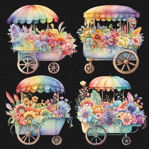 Watercolor Flower Market Cart Clipart Spring Flower Truck PNG ...