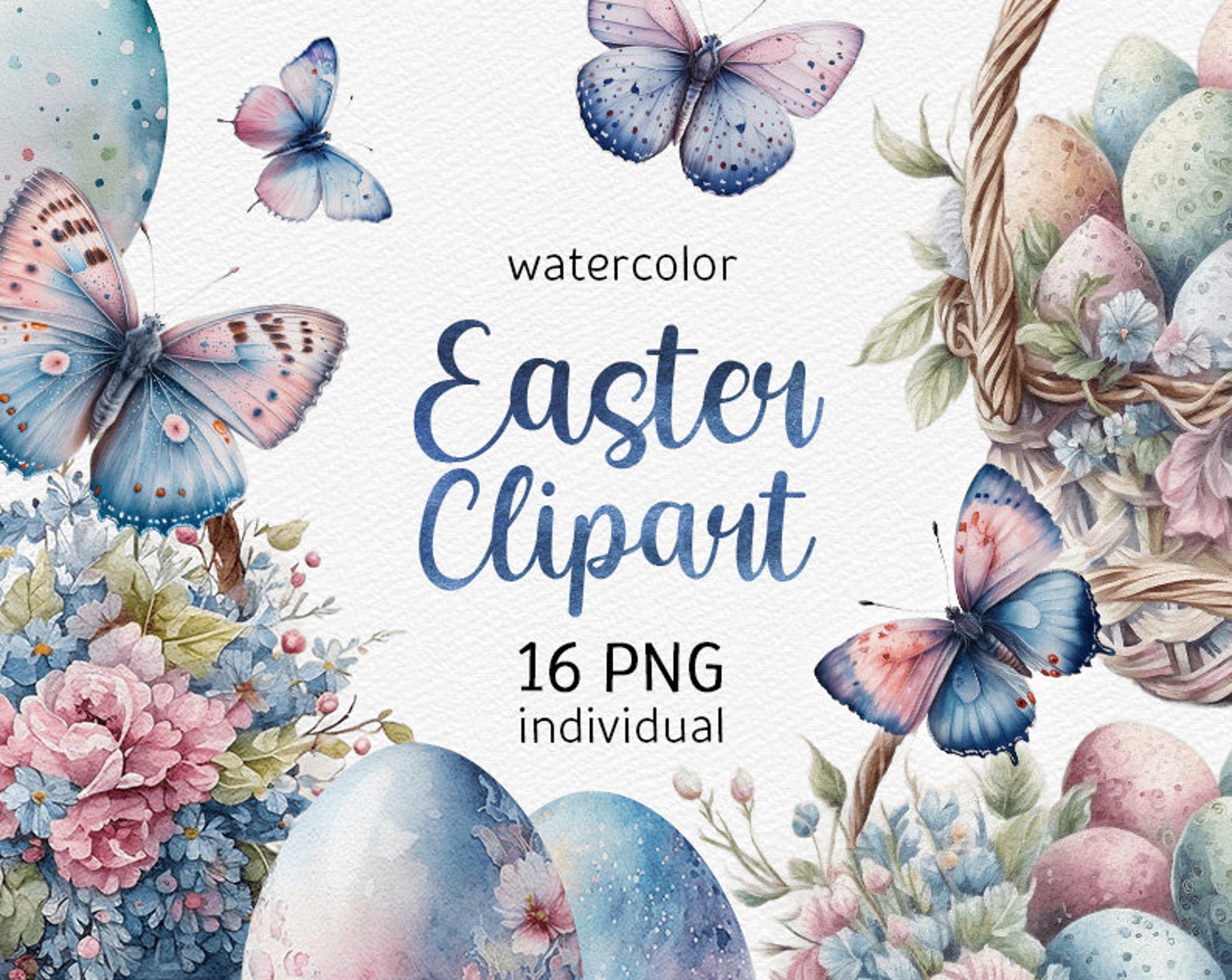 Watercolor Easter Clipart Bundle, Spring Clipart PNG, Basket Bird Eggs ...