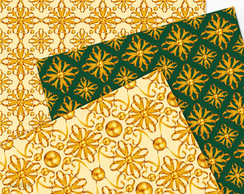 Gold Seamless Pattern Watercolor Ornaments Green Digital Paper - Etsy