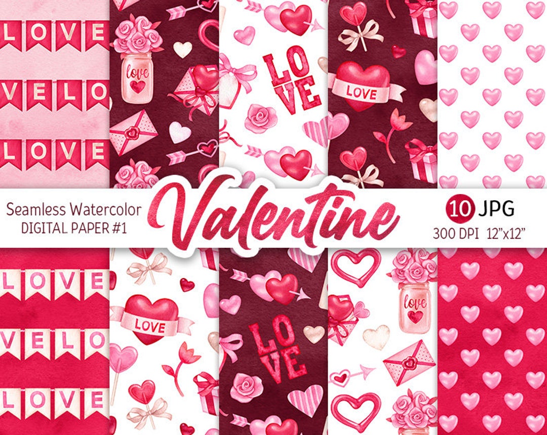 Valentine Day Digital Paper Pack Watercolor Love Seamless Pattern Red ...