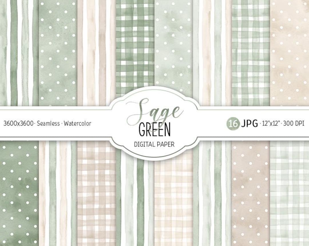 Sage Green Digital Paper Pack Watercolor Stripes Seamless Patterns Boho ...