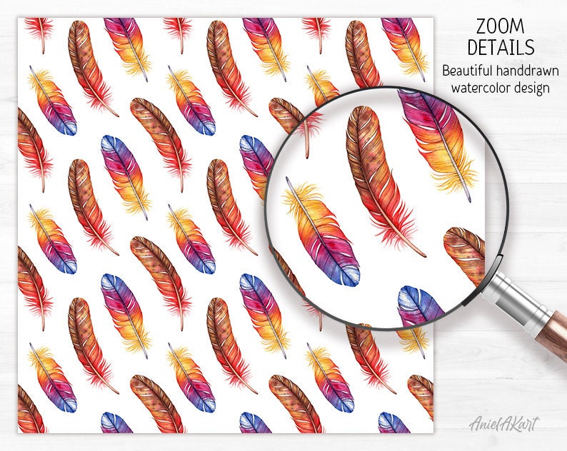 Colorful Feather Watercolor Digital Paper Pack Rainbow Exotic Boho ...