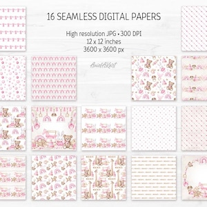Baby Girl Digital Paper Pack Boho Nursery Watercolor Toys Seamless ...