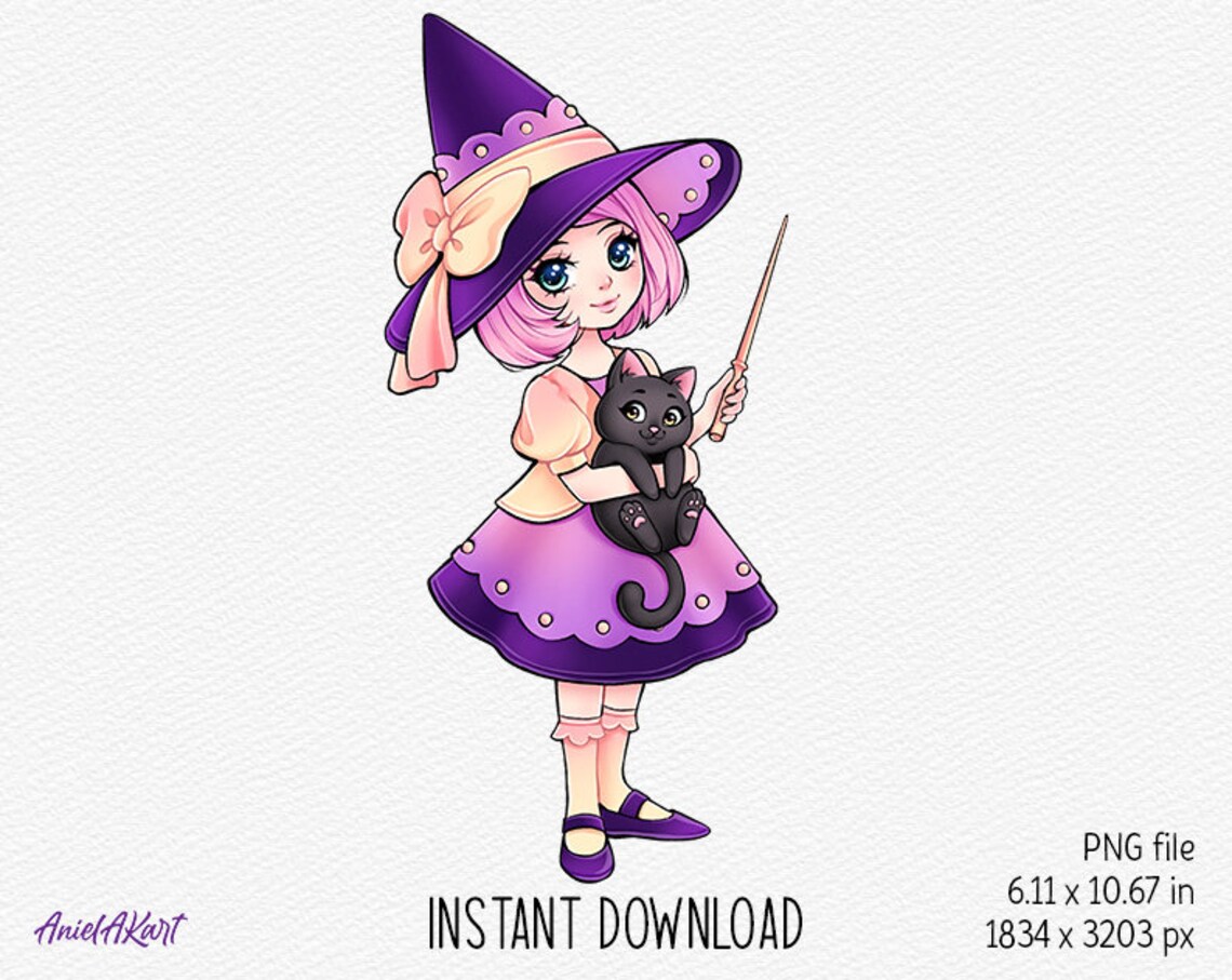 Halloween Clipart Cute Little Witch Digital Illustration Cartoon PNG ...