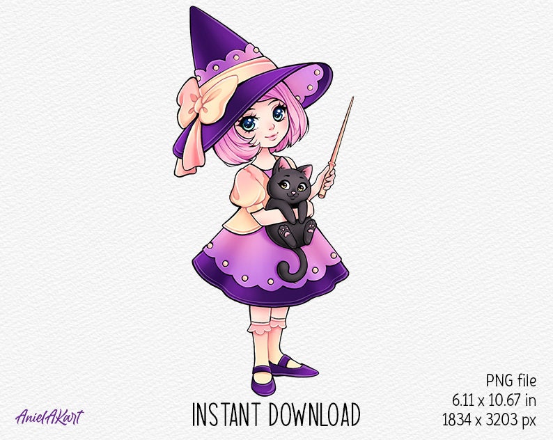 Halloween Clipart Cute Little Witch Digital Illustration - Etsy