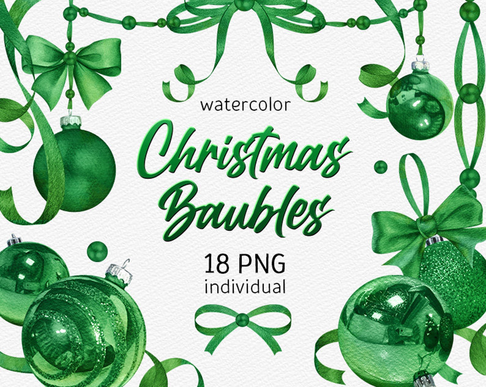 Green Christmas Clipart Watercolor Ribbon Clipart Christmas Decor Green ...