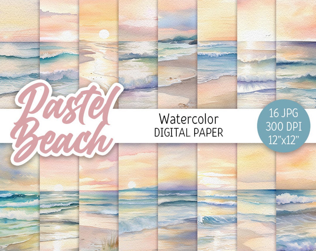 Watercolor Pastel Beach Digital Paper Pack Sunset Seascape Printable ...