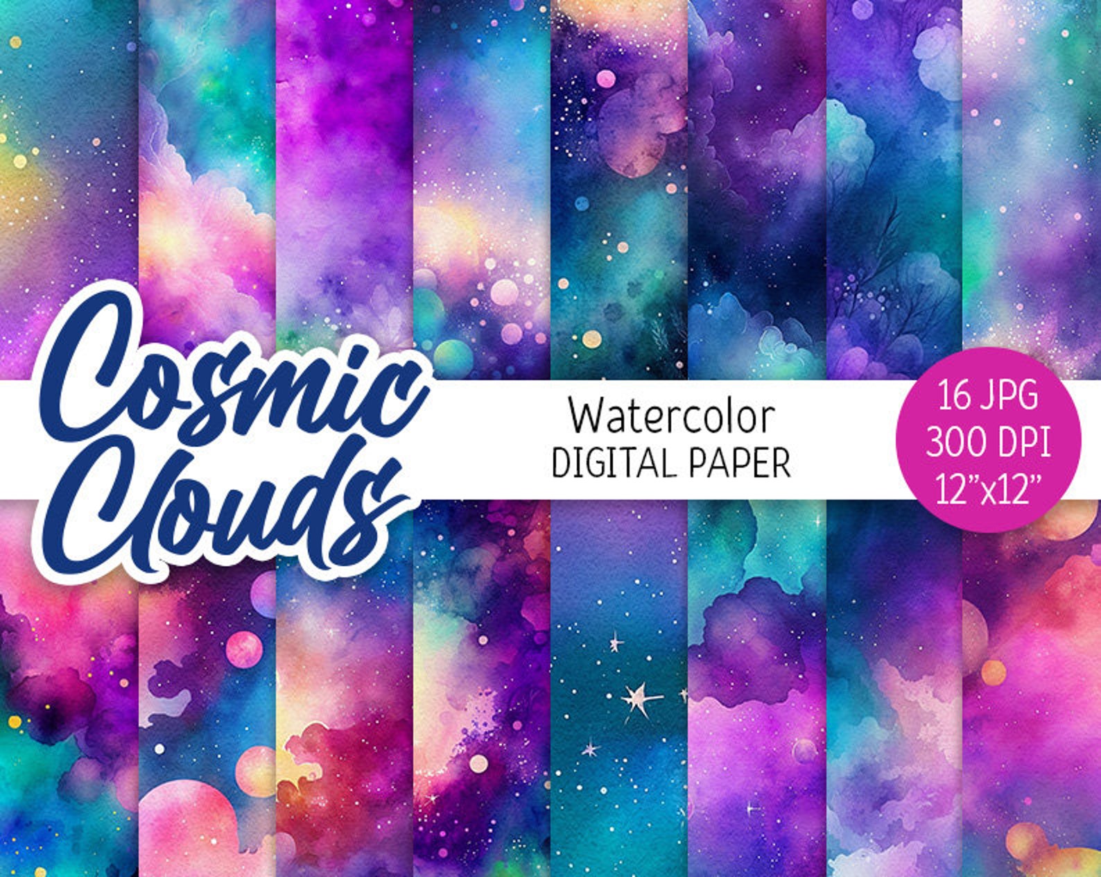 Cosmic Clouds Digital Paper Pack Watercolor Galaxy Night Printable ...