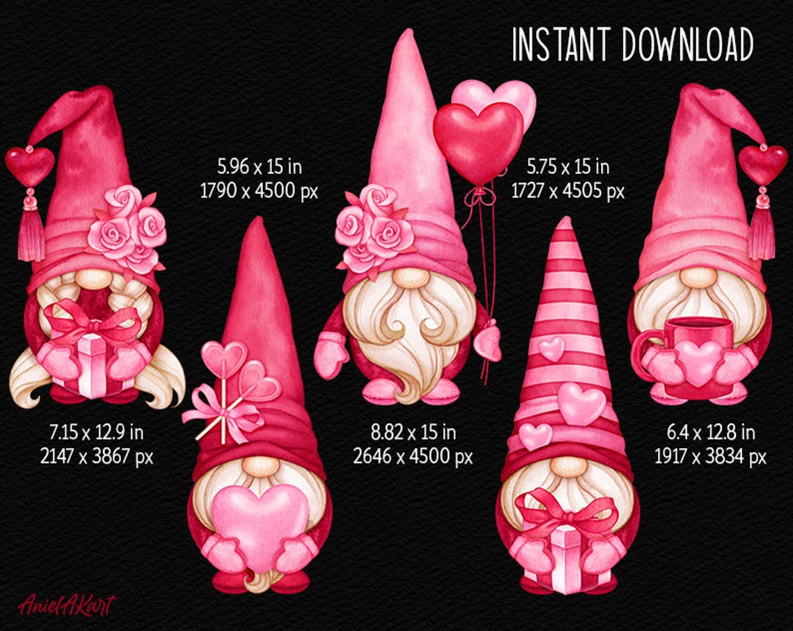 Valentine Gnomes PNG Clipart Watercolor Valentine's Day | Etsy