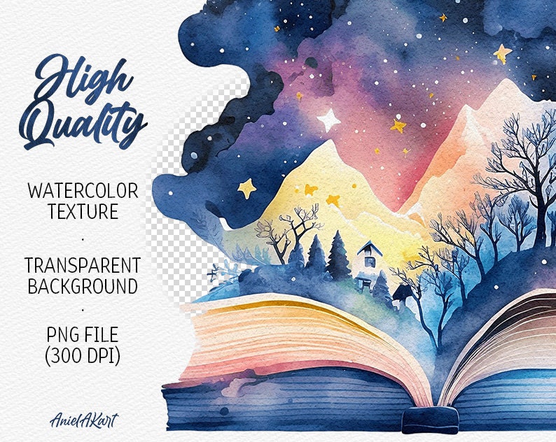Watercolor Moon Bookworm Clipart Bundle Magic Book PNG - Etsy