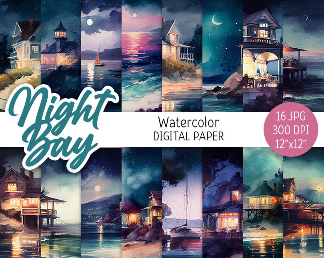 Watercolor Night Bay Digital Paper Pack Beach Night Printable ...