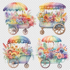 Watercolor Flower Market Cart Clipart Spring Flower Truck PNG ...