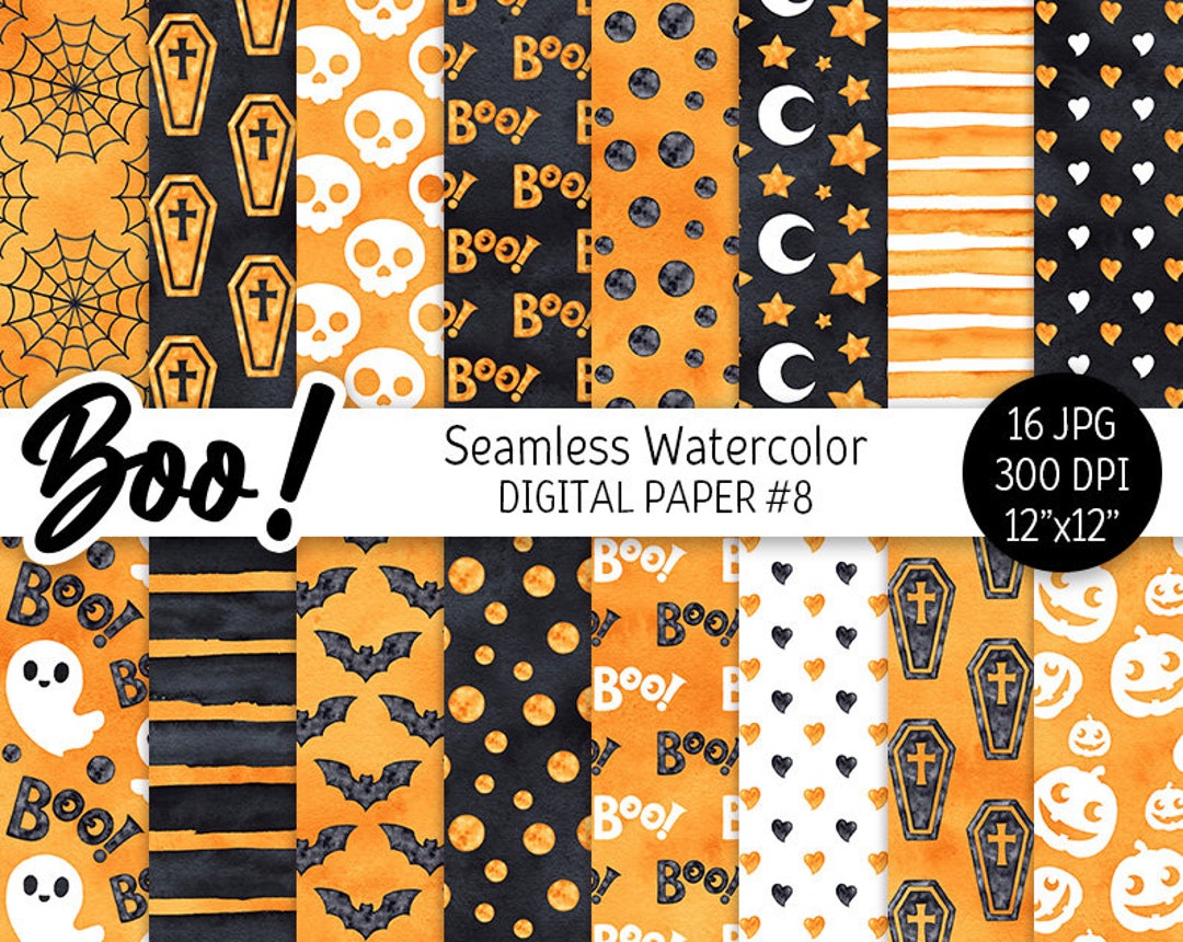 Orange Black Halloween Digital Paper Pack Watercolor Seamless Pattern ...