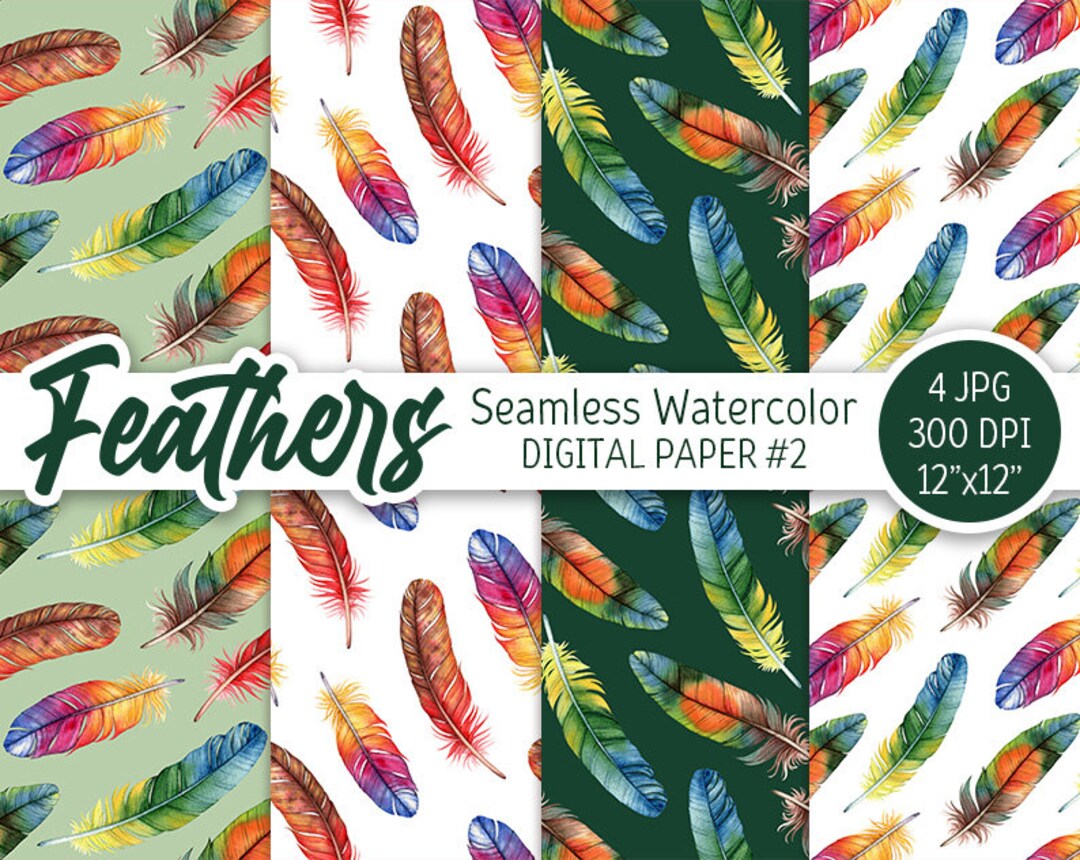 Colorful Feather Watercolor Digital Paper Pack Rainbow Exotic Boho ...