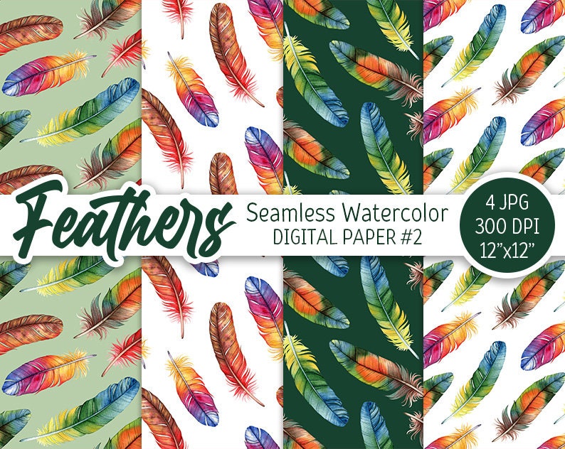 Colorful Feather Watercolor Digital Paper Pack Rainbow Exotic - Etsy