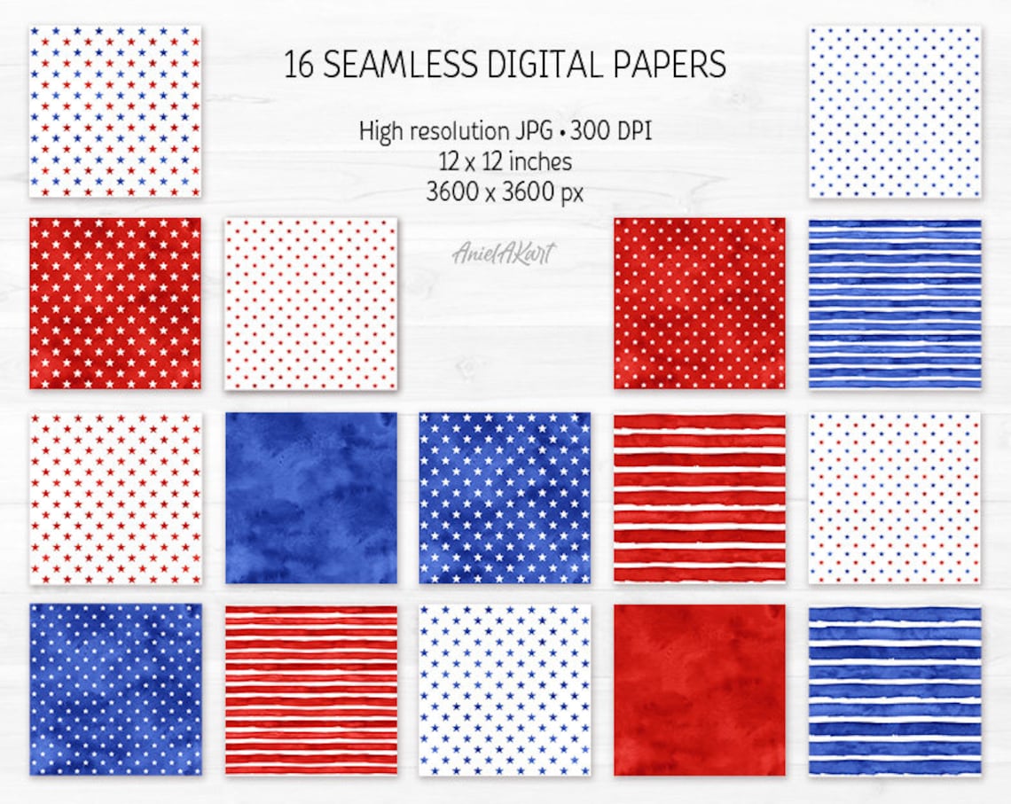 Independence Day Digital Paper Pack Watercolor Stars Seamless - Etsy