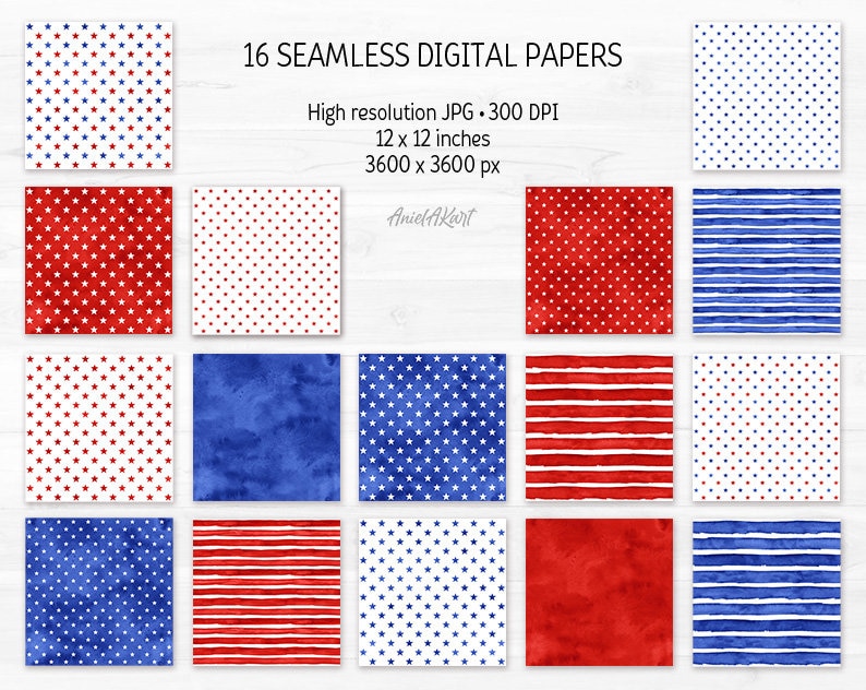 Independence Day Digital Paper Pack Watercolor Stars Seamless Pattern ...