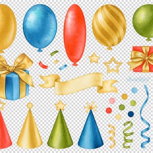 Watercolor Birthday Party Clipart Hand Painted Colorful Birthday PNG ...