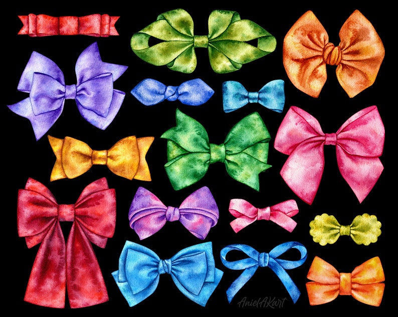 Watercolor Bow Clipart Hand Painted Multicolor Bows Colorful | Etsy