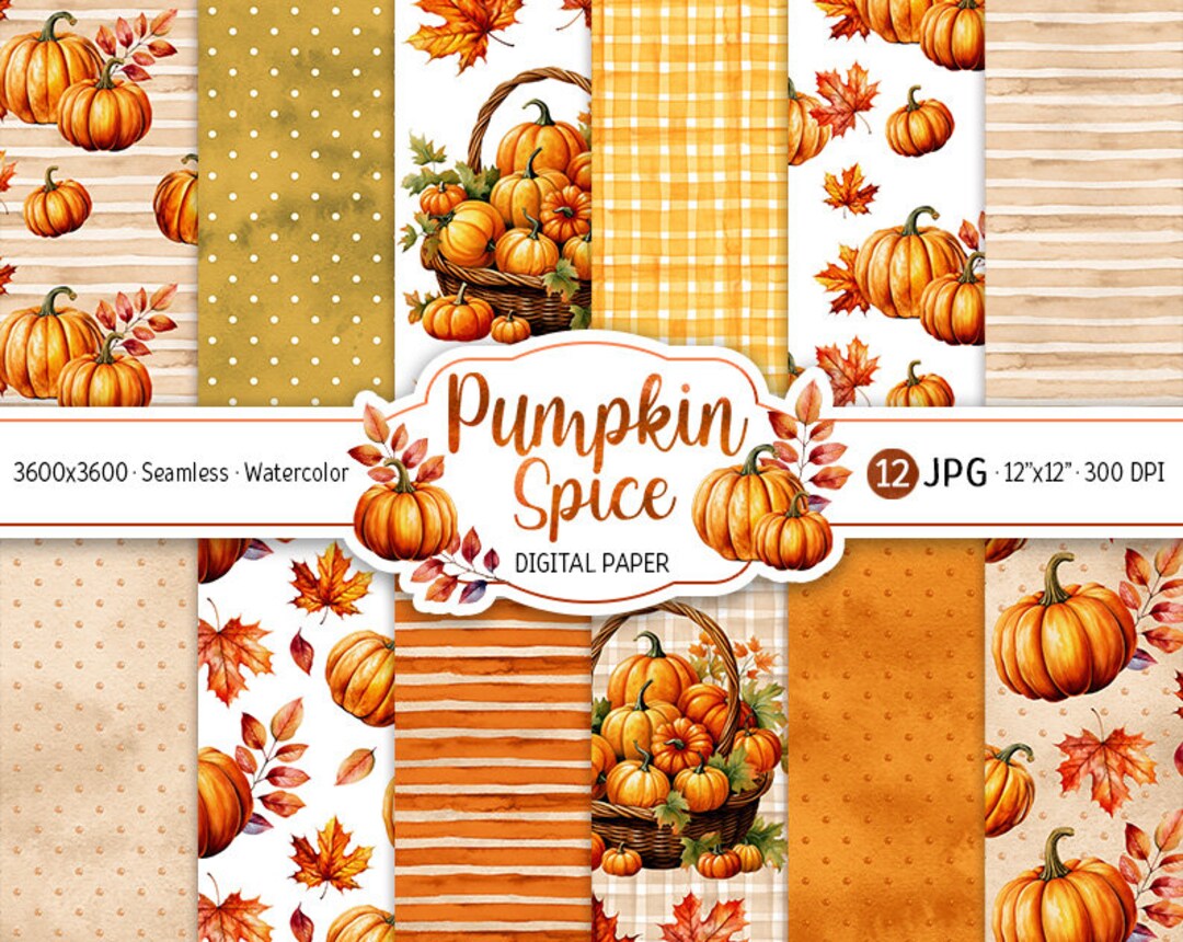 Pumpkin Spice Digital Paper Pack Watercolor Autumn Seamless Pattern ...
