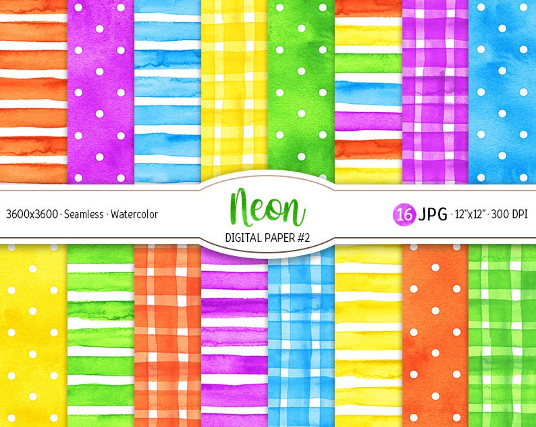 Neon Digital Paper Pack Watercolor Polka Dot Seamless Pattern Vibrant ...