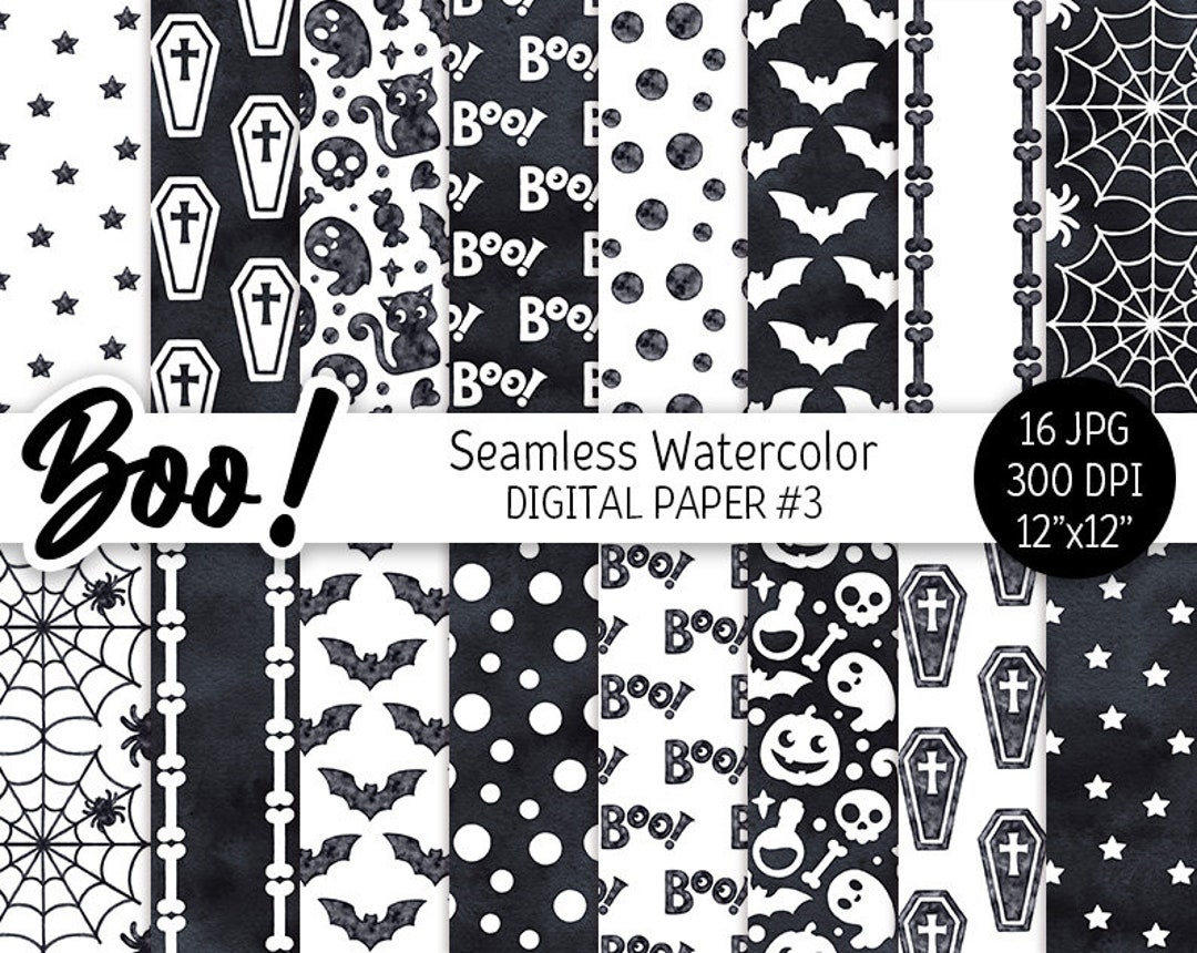 Black & White Halloween Digital Paper Pack Watercolor Seamless Pattern ...