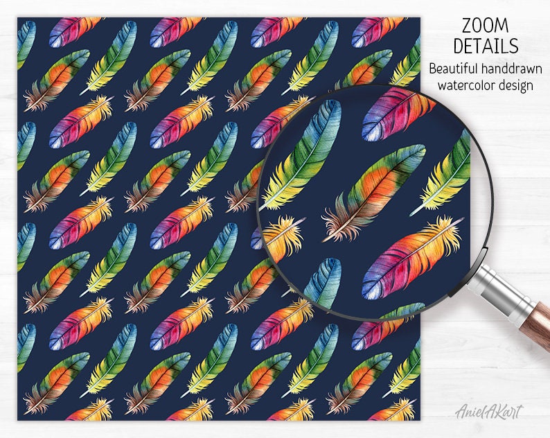 Rainbow Feather Watercolor Digital Paper Pack Colorful Exotic Boho ...