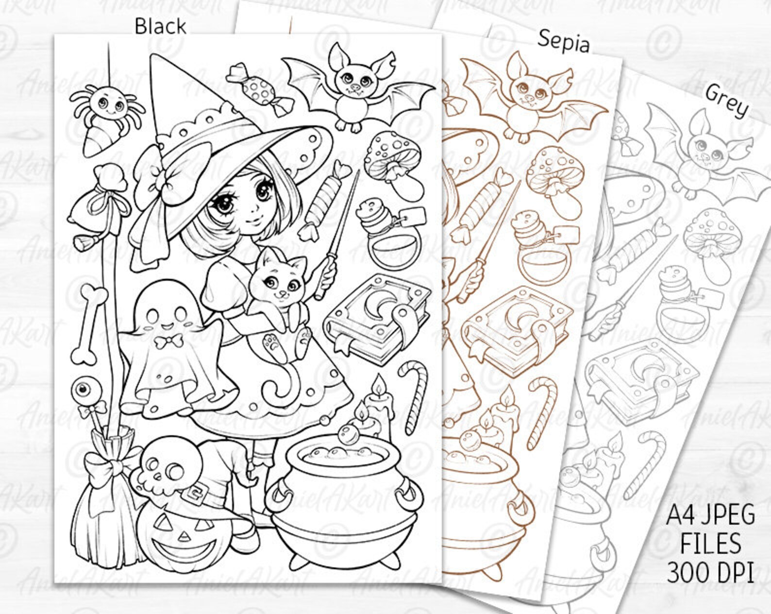 Halloween Coloring Page Cute Witch Digital Stamp Lineart Spell Book for ...
