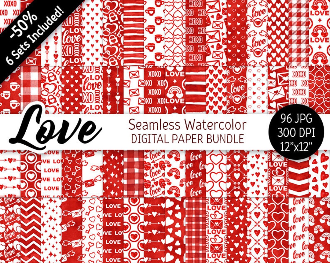 Red White Valentine Day Digital Paper Bundle Watercolor Love Seamless ...