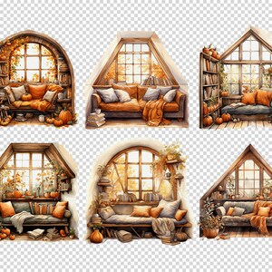 Watercolor Autumn Nook Clipart Bundle Cozy Reading Corner PNG Bookshelf ...