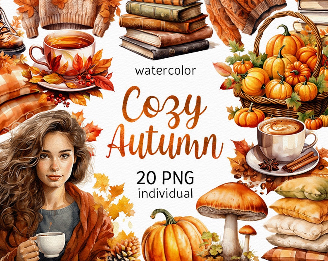Cozy Autumn Watercolor Clipart Fall PNG Graphics Falling Leaves Girl ...