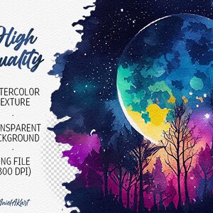 Watercolor Full Moon Clipart Bundle Magic Starry Night PNG Cozy ...