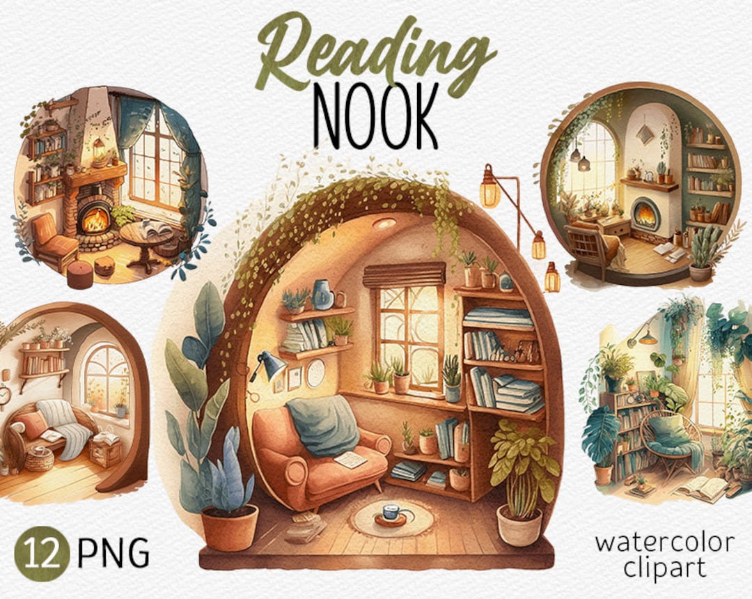 Watercolor Reading Nook Clipart Bundle Reading Corner Png Bookshelf Book Clipart Bookworm Cozy