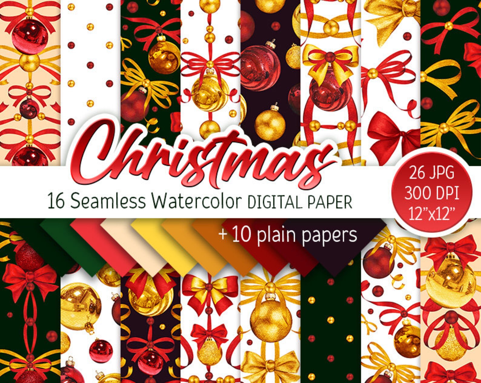 Christmas Watercolor Digital Paper Pack Seamless Pattern - Etsy