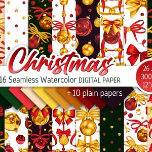 Christmas Watercolor Digital Paper Pack Seamless Pattern Ornaments ...