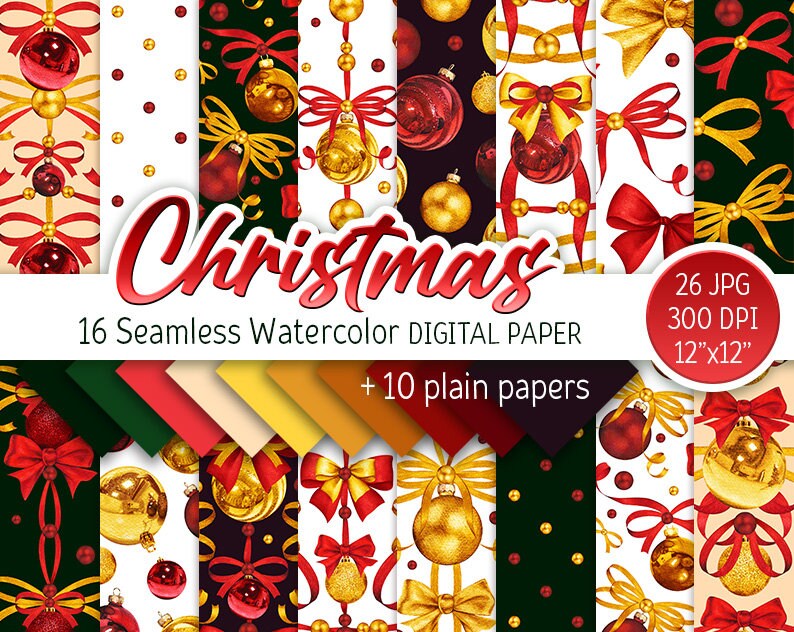 Christmas Watercolor Digital Paper Pack Seamless Pattern - Etsy