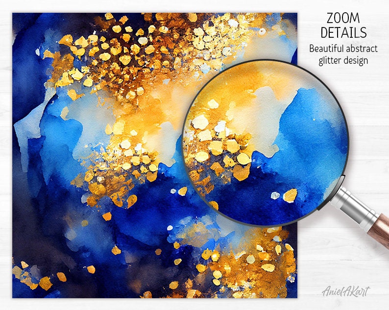 Blue and Gold Digital Paper Pack Watercolor Abstract Blue Seamless ...