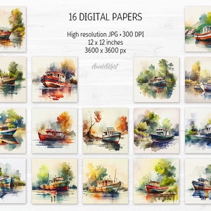 Watercolor River Boat Digital Paper Pack Nautical Printable ...