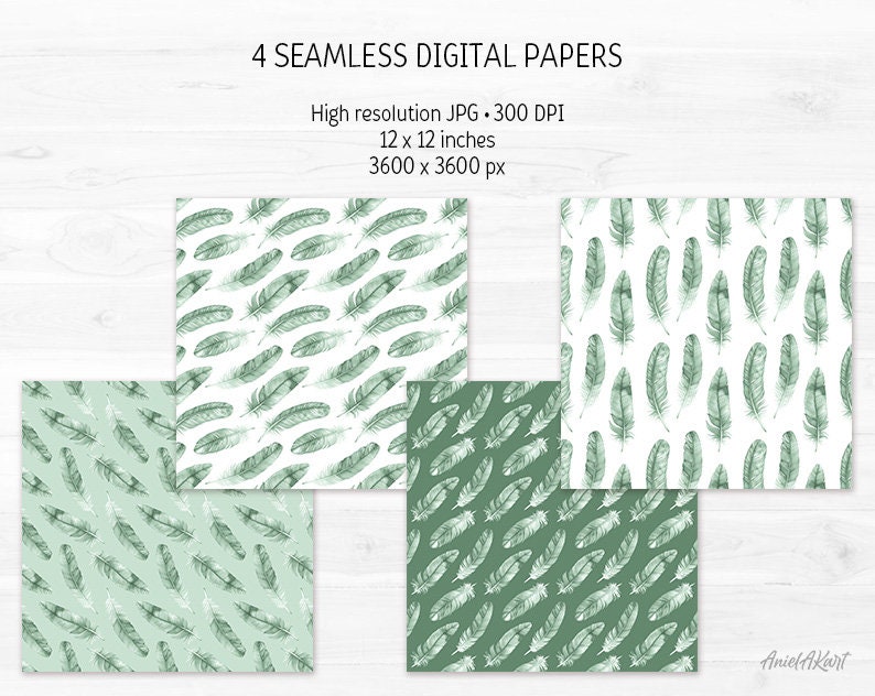 Sage Green Feather Watercolor Digital Paper Pack Exotic Boho Seamless ...