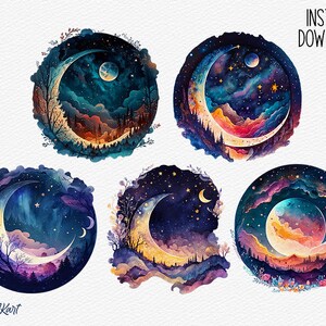 Watercolor Moon Clipart Bundle Magic Moonlit Night PNG Cozy Aesthetic ...