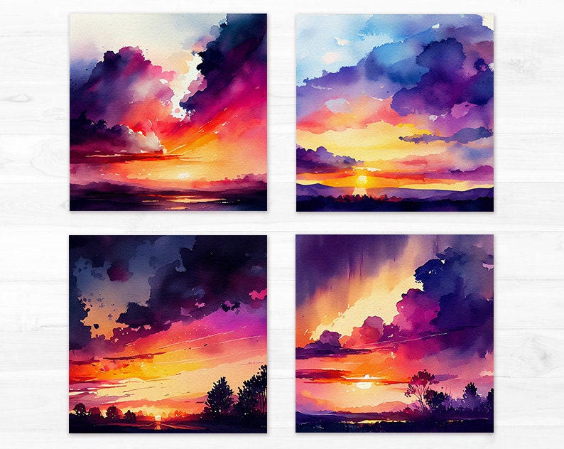 Watercolor Sunset Sky Digital Paper Pack Beach Sunset - Etsy