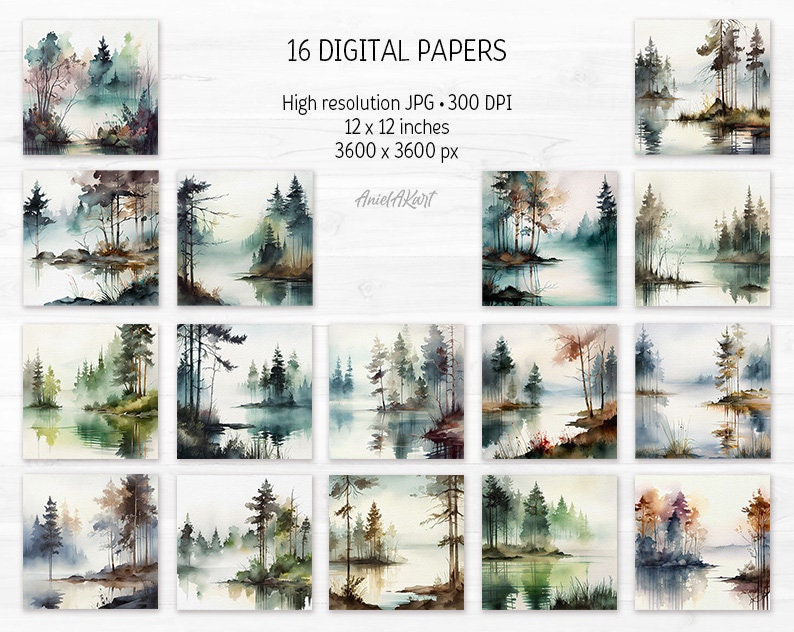 Watercolor Forest Lake Digital Paper Pack Foggy Wood Printable ...